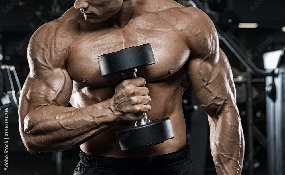 Brutal strong athletic men pumping up muscles workout bodybuilding ...