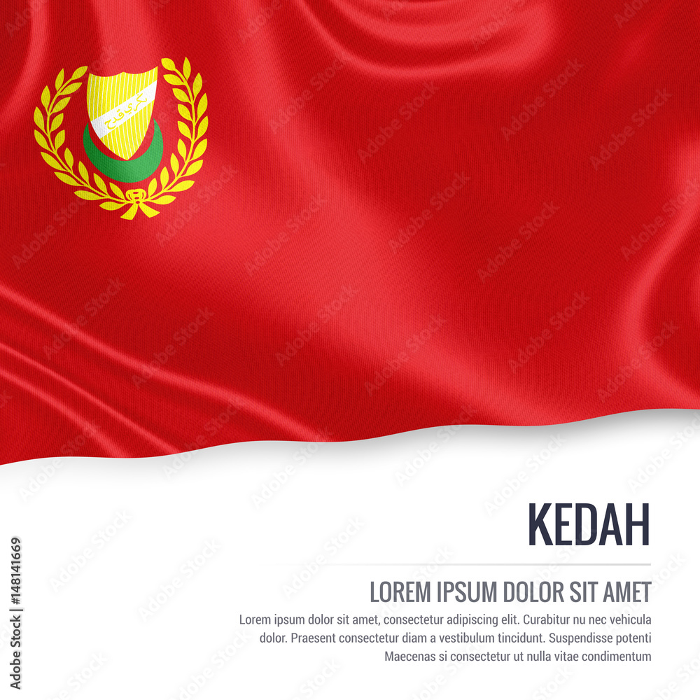 Kedah flag. Flag of Malaysian state Kedah waving on an isolated white ...