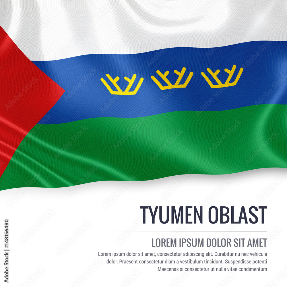 Russian state Tyumen Oblast flag waving on an isolated white background ...