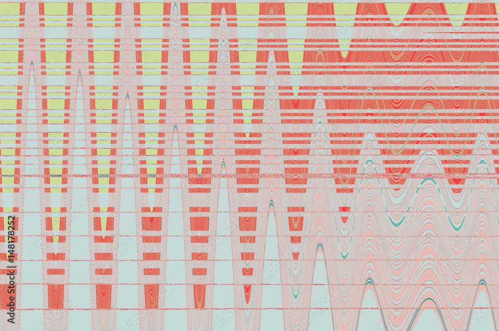 Digital pale red, blue and green background with intersecting sine wave ...