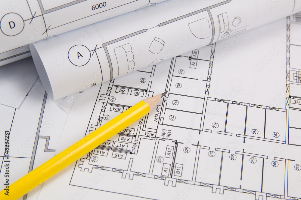 Architectural plan. Engineering house drawings, pancil and blueprints ...