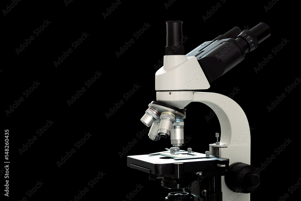Laboratory lens of Microscope on black background with outline shape of ...