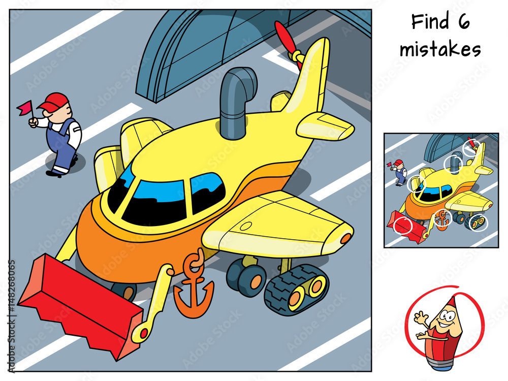 Vetor de Find six extra details on the airplane. Find 6 mistakes in the ...