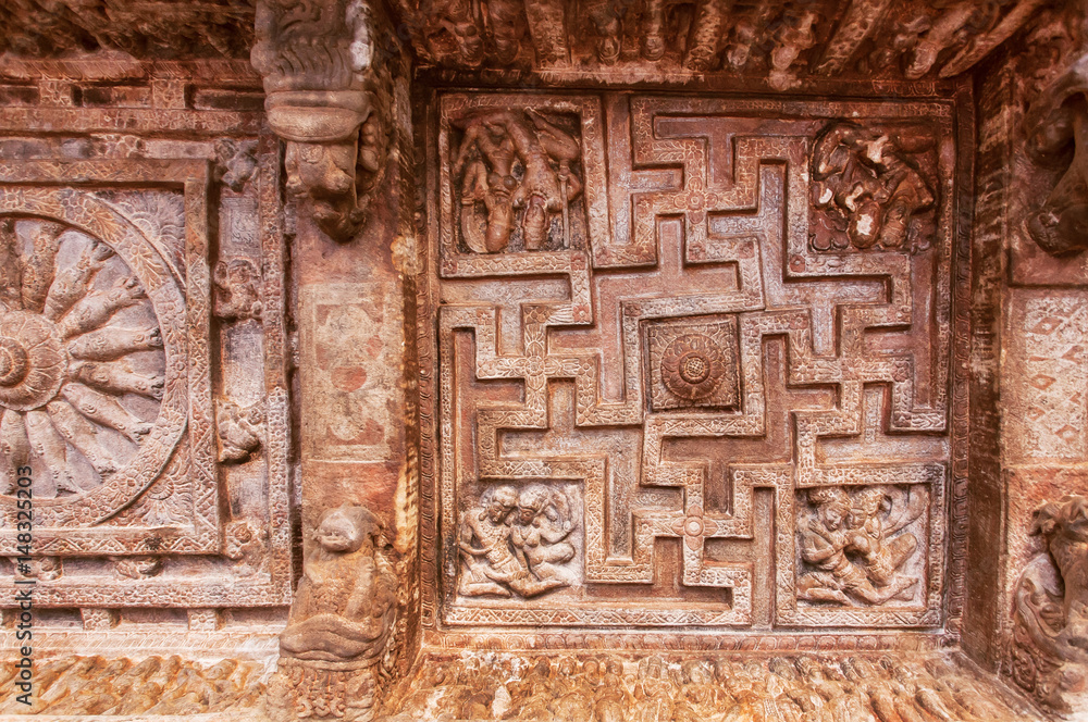 Background of Indian rock-cut architecture. Ceiling with carved maze ...