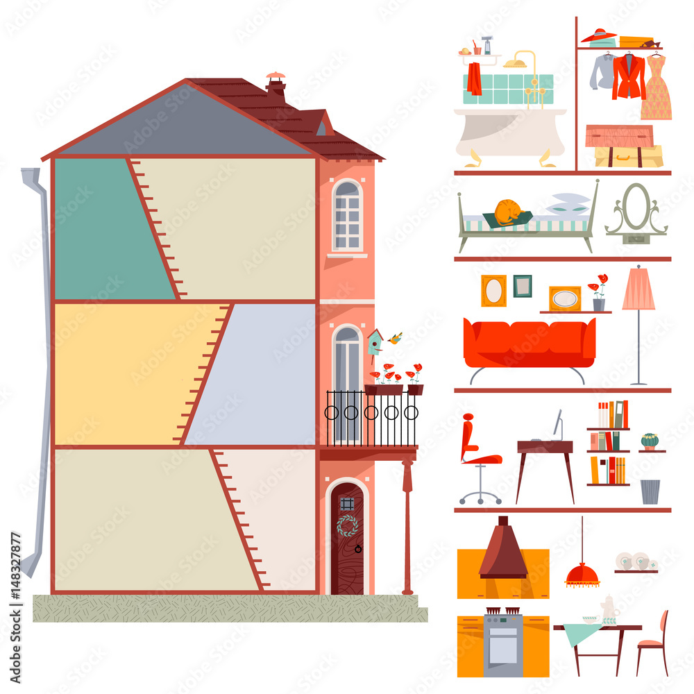 Cross section of a three-story house. Detailed interior design of rooms ...