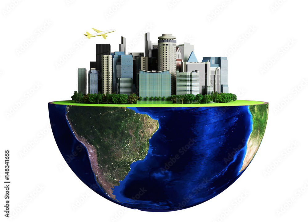 Urbanization concept with globe and city on abstract green background ...