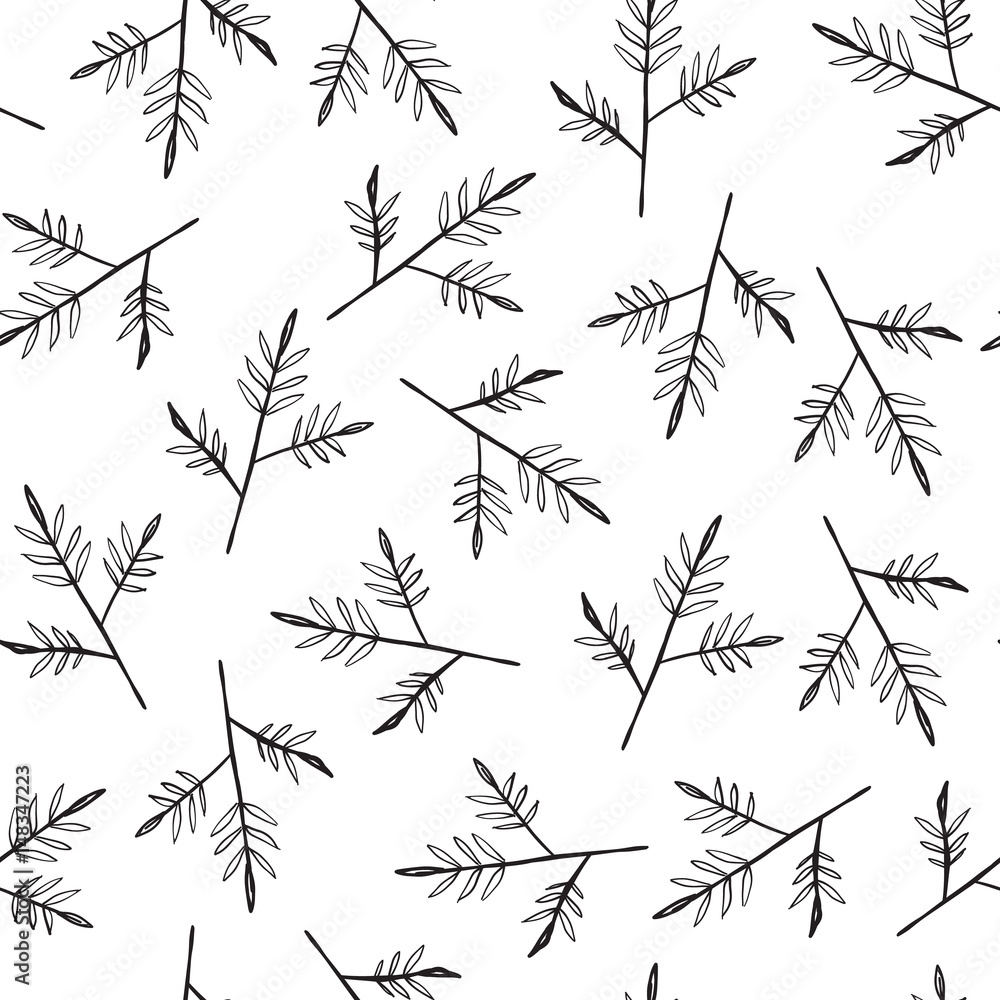 Seamless hand drawn pattern with branch and leaves. Vector black and ...