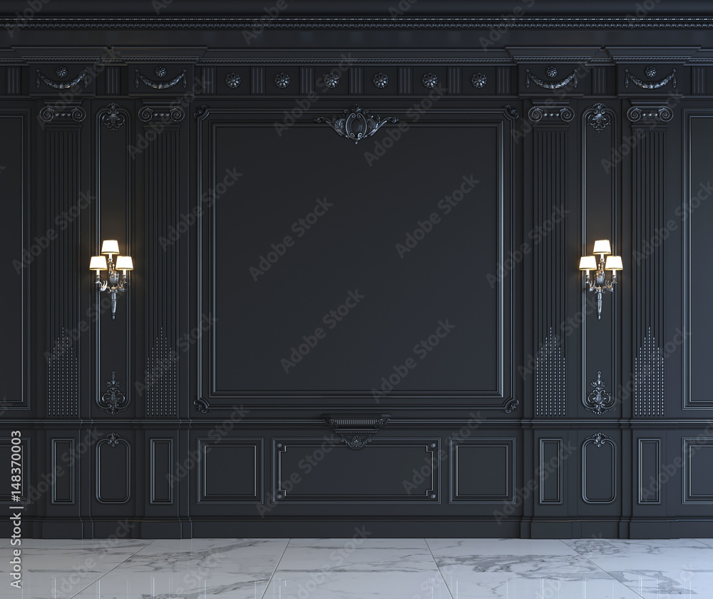Black wall panels in classical style with silvering. 3d rendering Stock ...