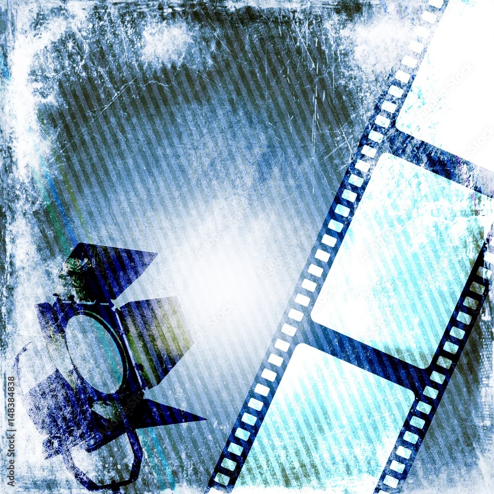 Grunge blue film strip frame with old reflector. Stock Illustration ...