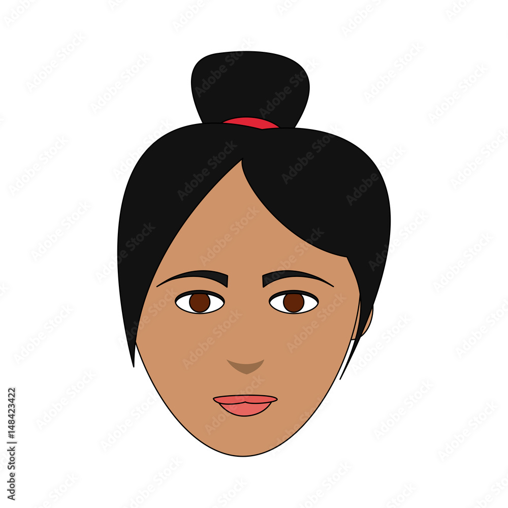 color image cartoon front face asian woman with collected hair vector ...
