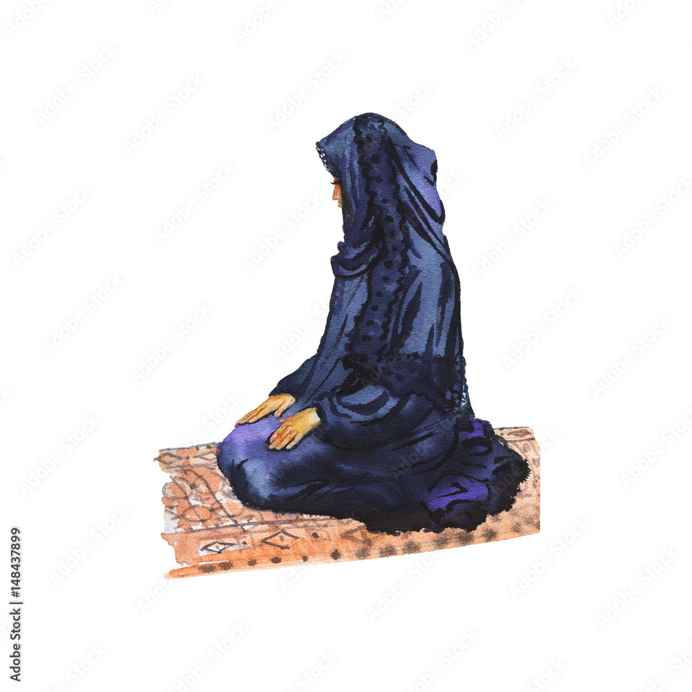 Watercolor arabian muslim woman praying namaz. Hand drawn ramadan ...