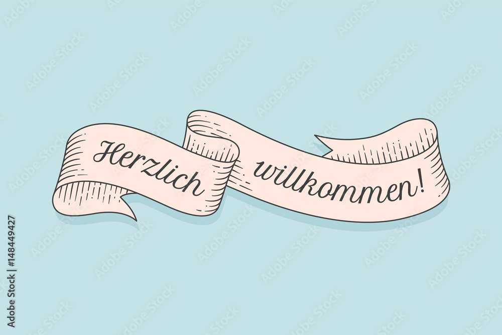 Old school vintage ribbon banner with text in German Herzlich Wllkommen ...