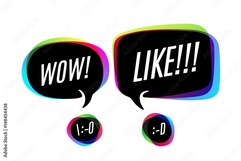 Colorful bubbles with smile icon and cloud talk with text Wow and Like ...