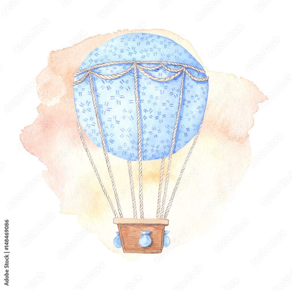 Hand drawn watercolor illustration - hot air balloon in the sky ...