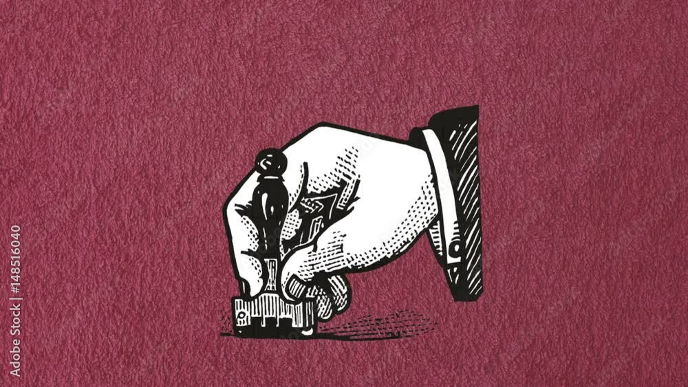 A drawn hand putting a stamp on a surface. Vintage retro old-style ...