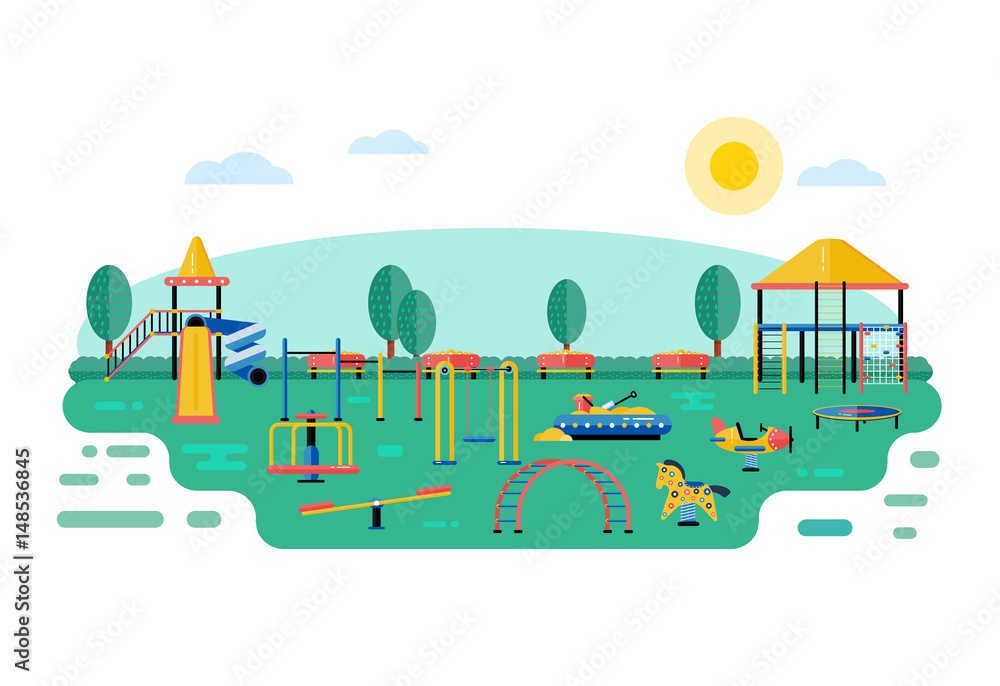 Kids playground vector landscape in flat design. Children play area ...
