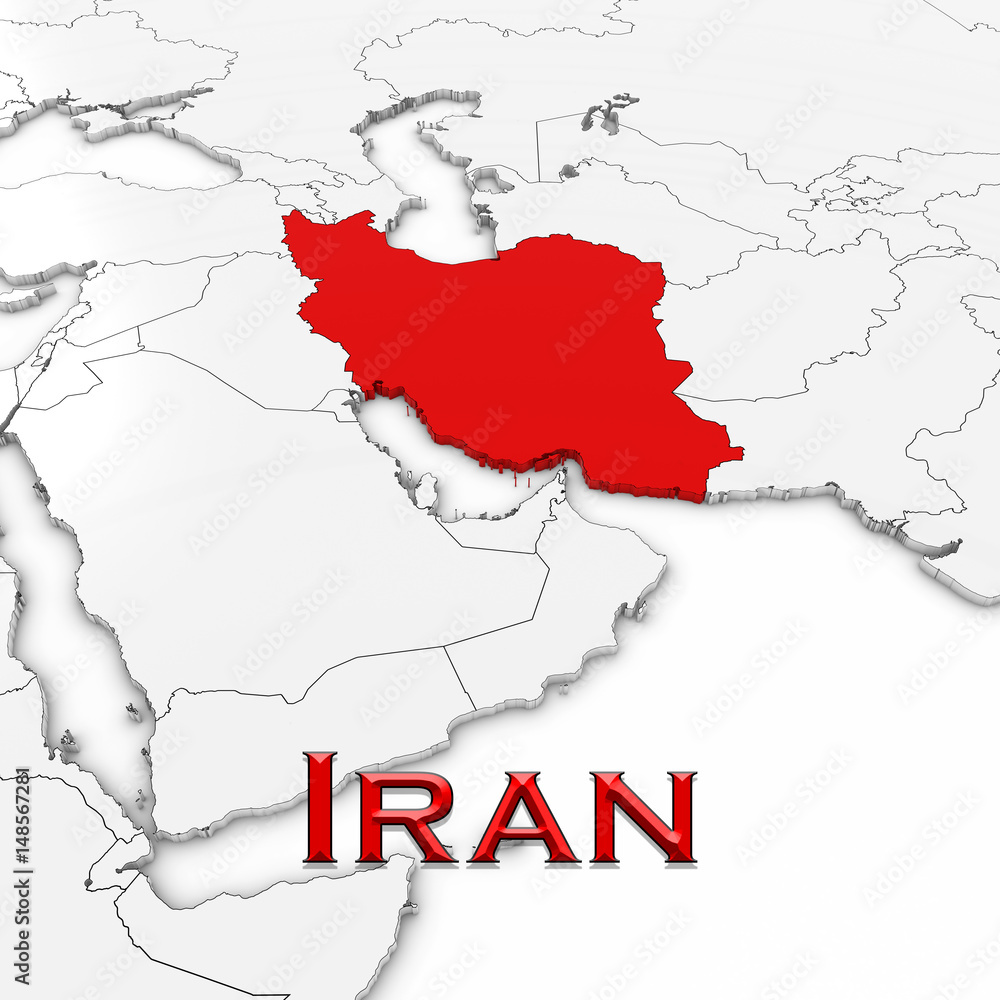3D Map of Iran with Country Name Highlighted Red on White Background 3D ...