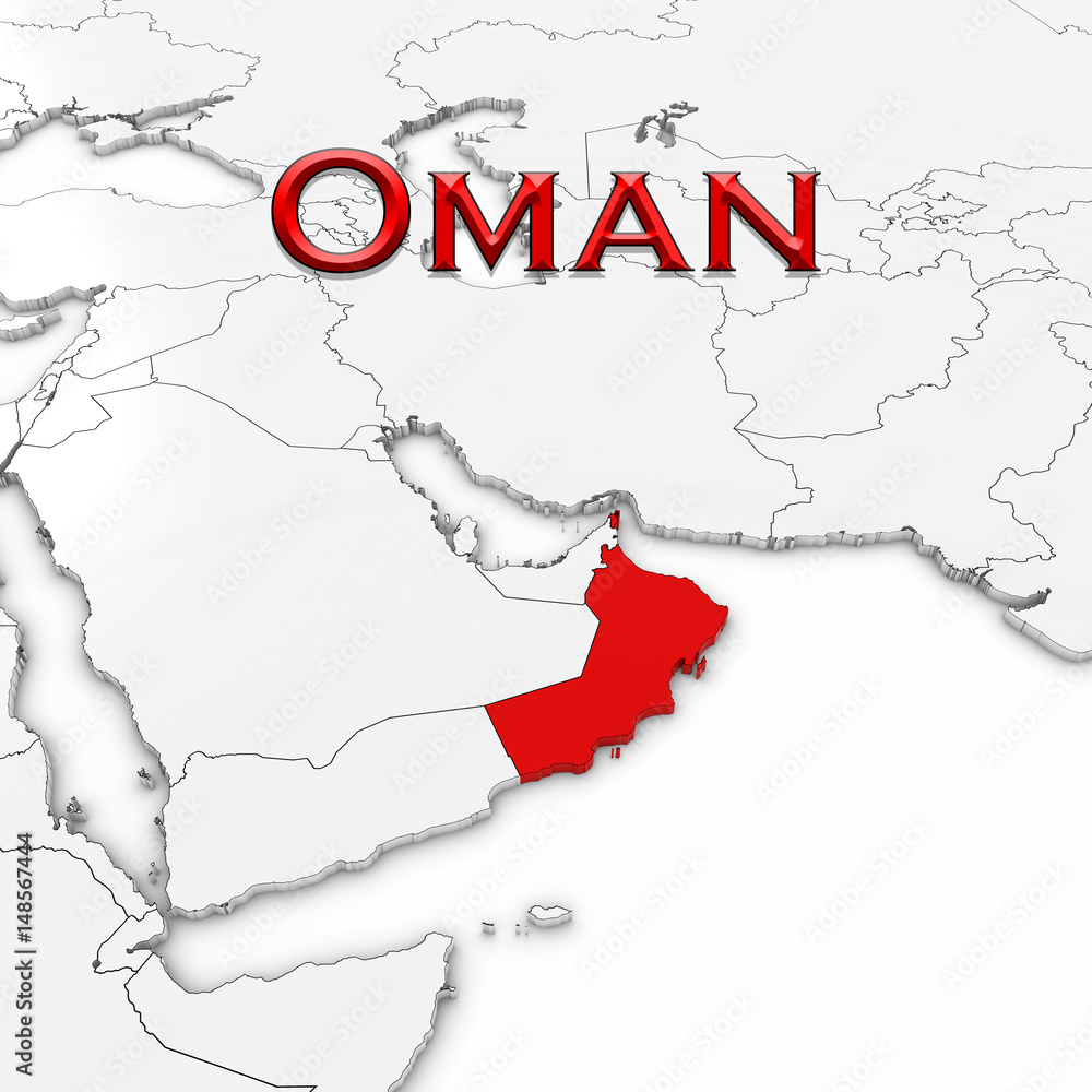 3D Map of Oman with Country Name Highlighted Red on White Background 3D ...