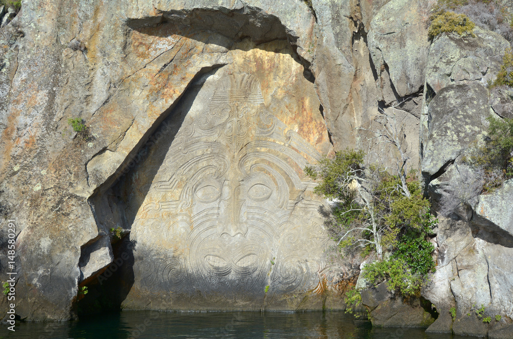 Maori Rock Carving at lake Taupo New Zealand Stock Photo | Adobe Stock