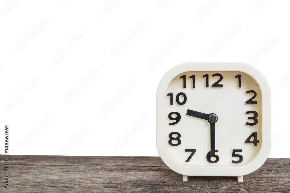 Closeup white clock for decorate show half past nine o'clock or 9:30 a ...