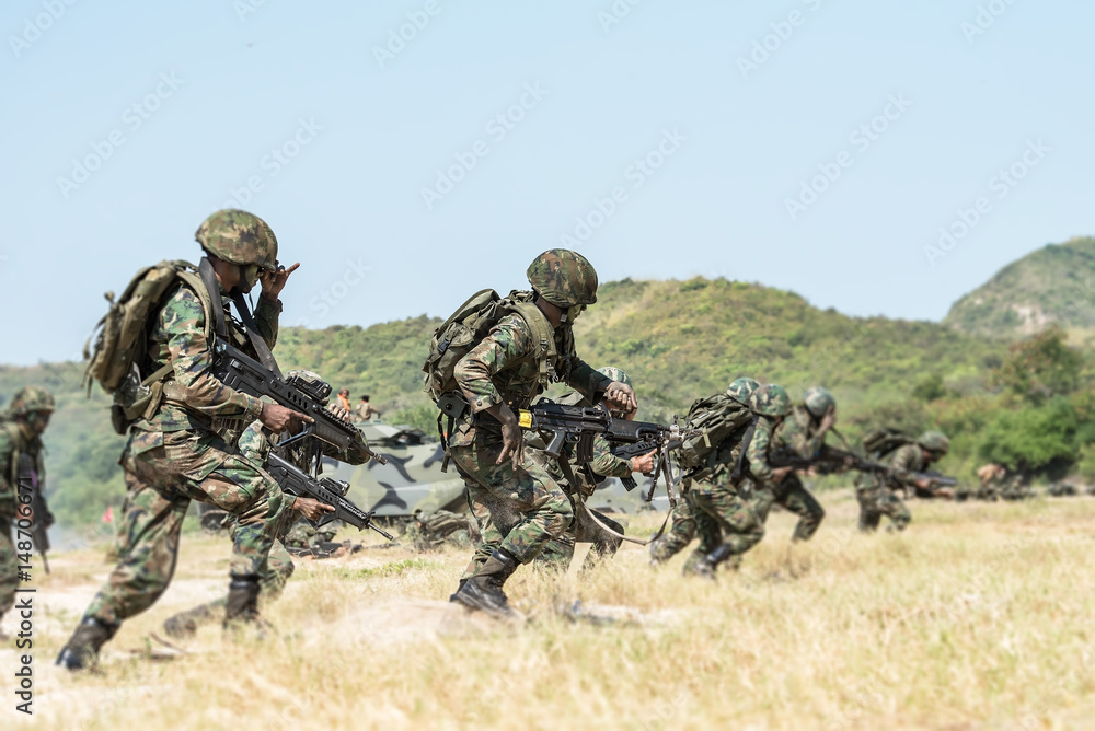 Military soldiers with kalashnikov gunfire at tactical trainings Stock ...