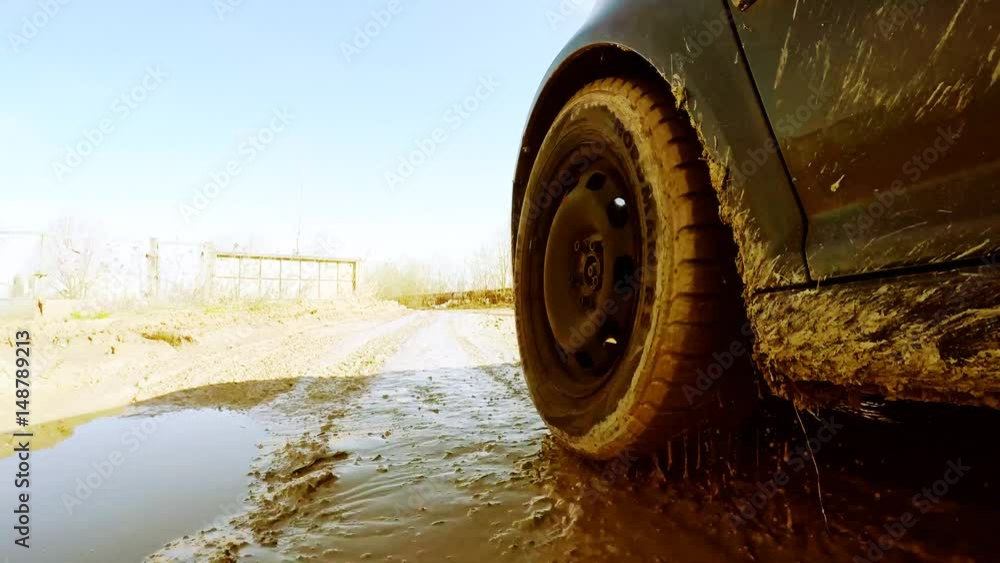 Car's wheels in mud in the forest, off-road. Driving at country road ...