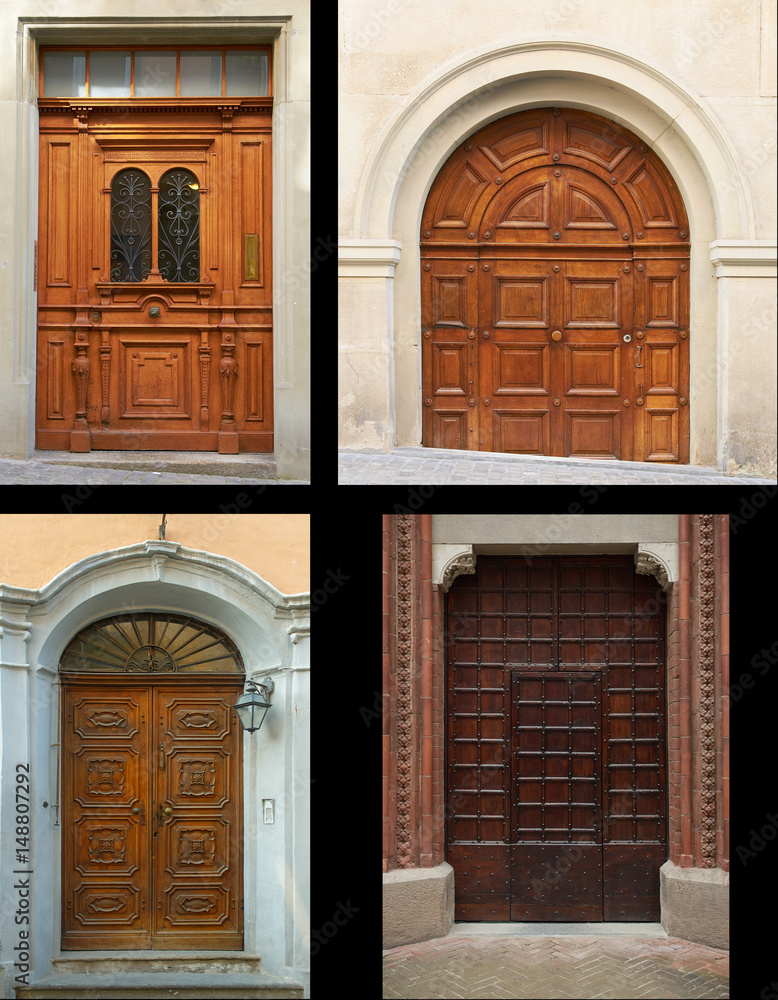 Collage set of 4 four European old retro classical wooden doors and ...
