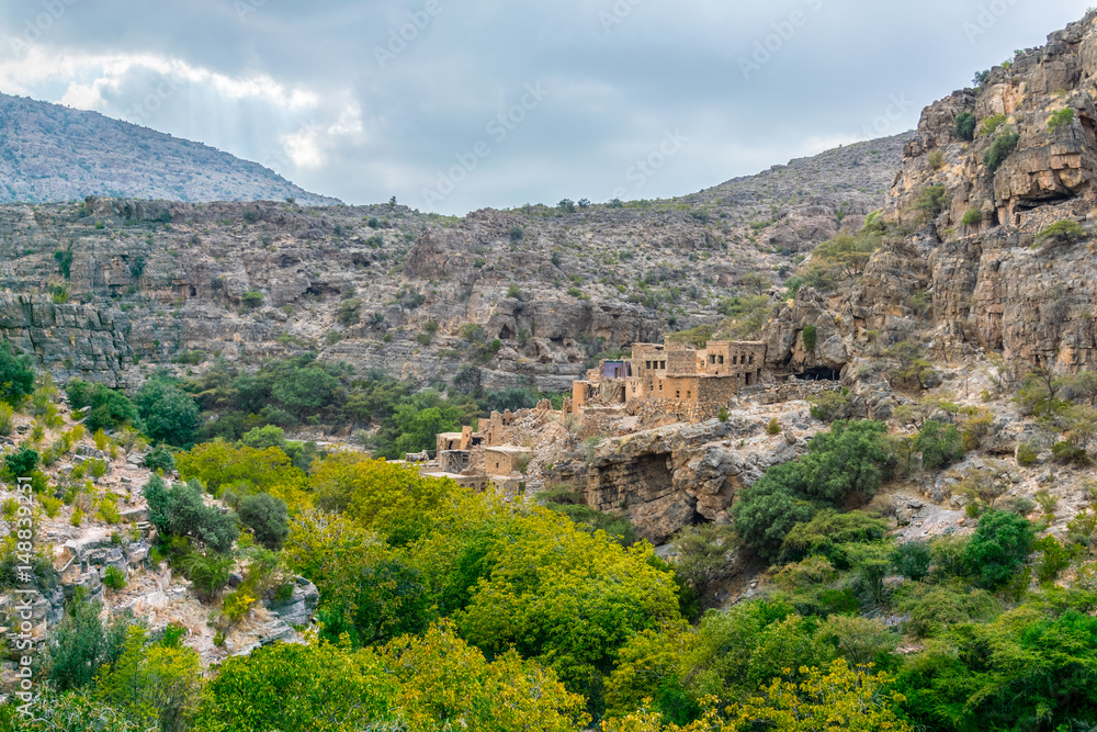View of ruins of an abandoned village at the Wadi Bani Habib at the ...