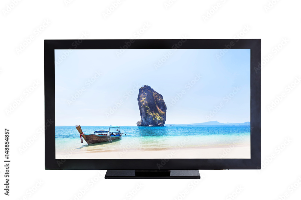 television TV screen with longtail boat and small island in the sea ...