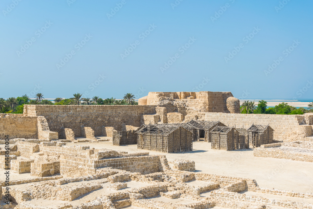Interior of the Bahrain fort complex with the Qal'At Al Bahrain fort ...