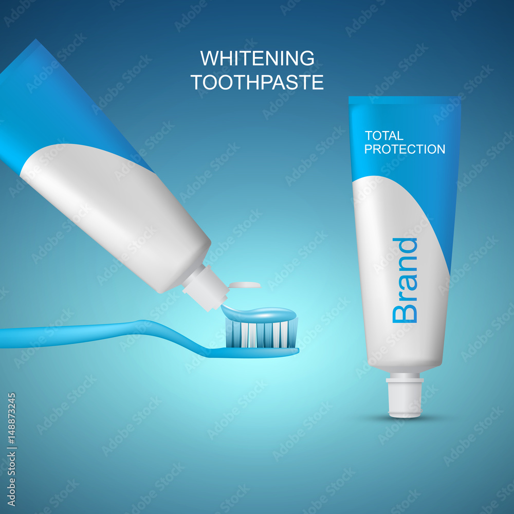 Toothpaste tube design with toothbrush on abstract blue background ...
