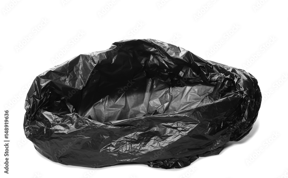 Crumpled, open black plastic garbage bag, isolated on white background ...