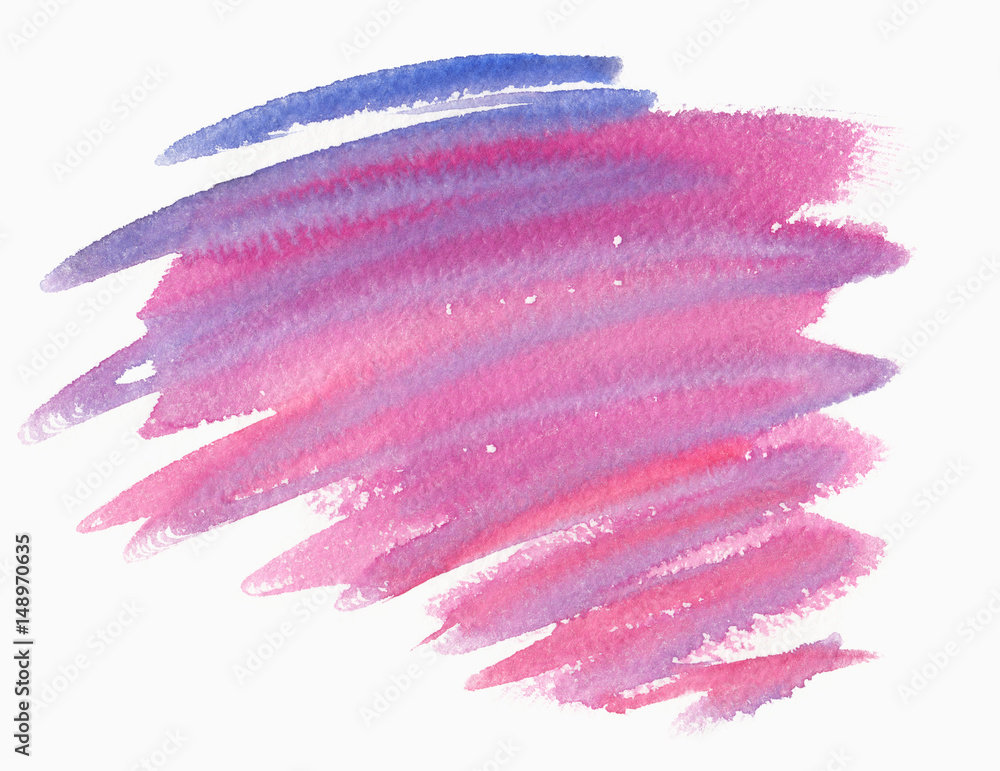 Purple and bright pink brush strokes painted in watercolor on clean ...