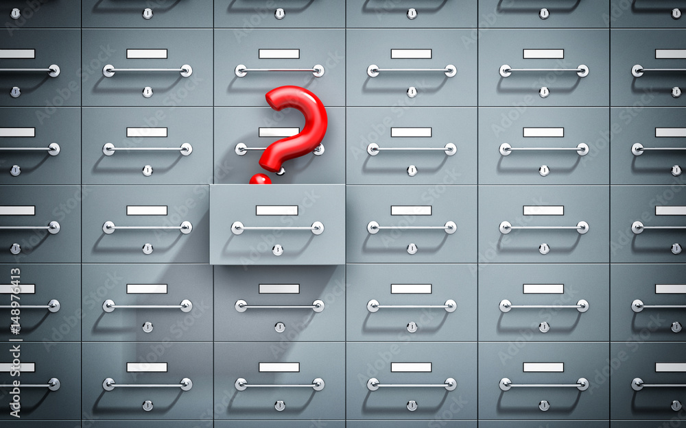 Safe lockers one of which open with question mark. 3d illustration ...