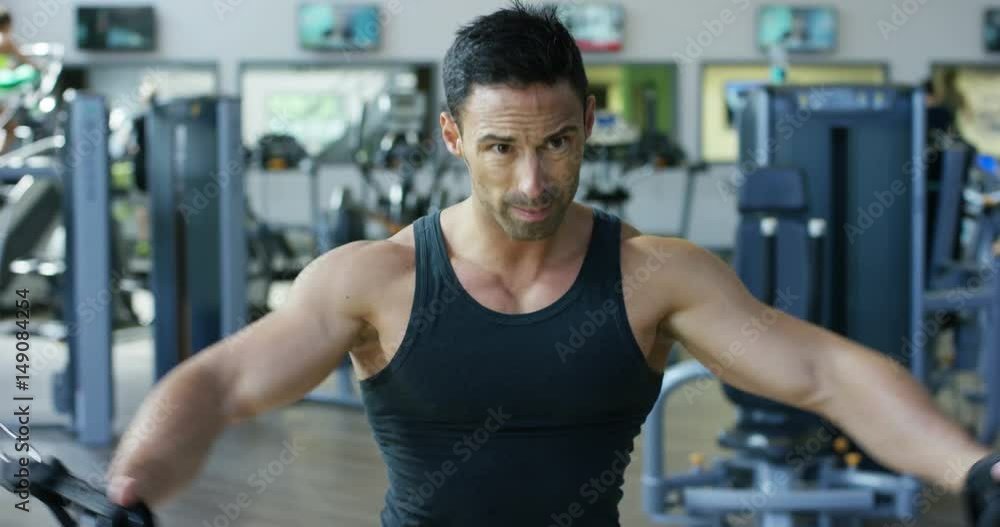 Guy bodybuilder in the gym, works with a barbell, bench press ...