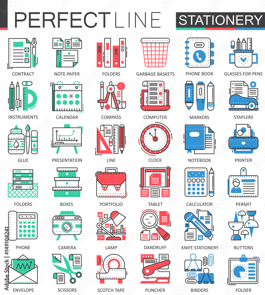 Office stationery - modern flat line concept symbols. Color outline ...