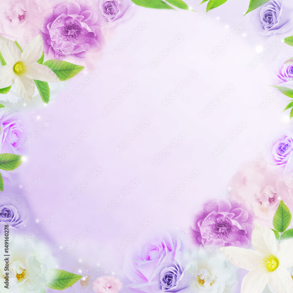 pastel roses flower border and green leaf with copy space for text ...