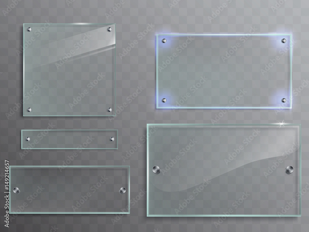 Vector illustration set of transparent glass plates, panels with metal ...