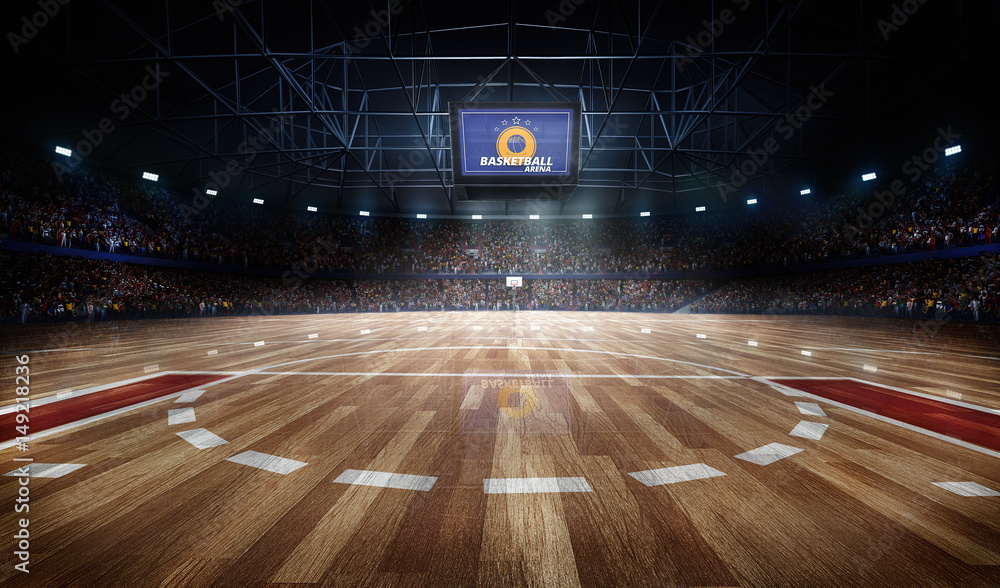 Professional basketball court arena in lights with fans 3d rendering ...