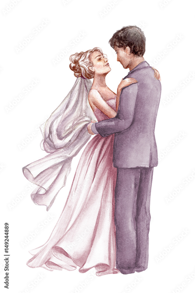 Stockfoto watercolor wedding illustration, romantic couple, bride and ...