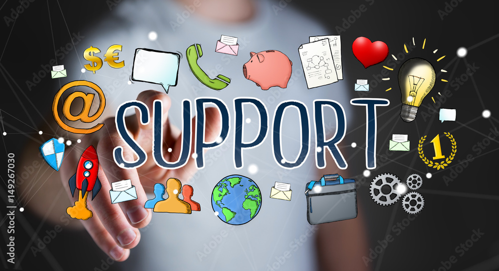 Businessman using hand-drawn support text presentation Photos | Adobe Stock