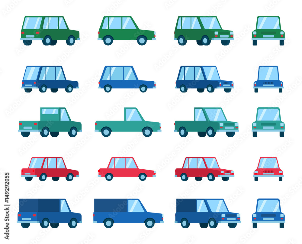 Set of various car types and views. Hatchback, sedan, family car. Flat ...
