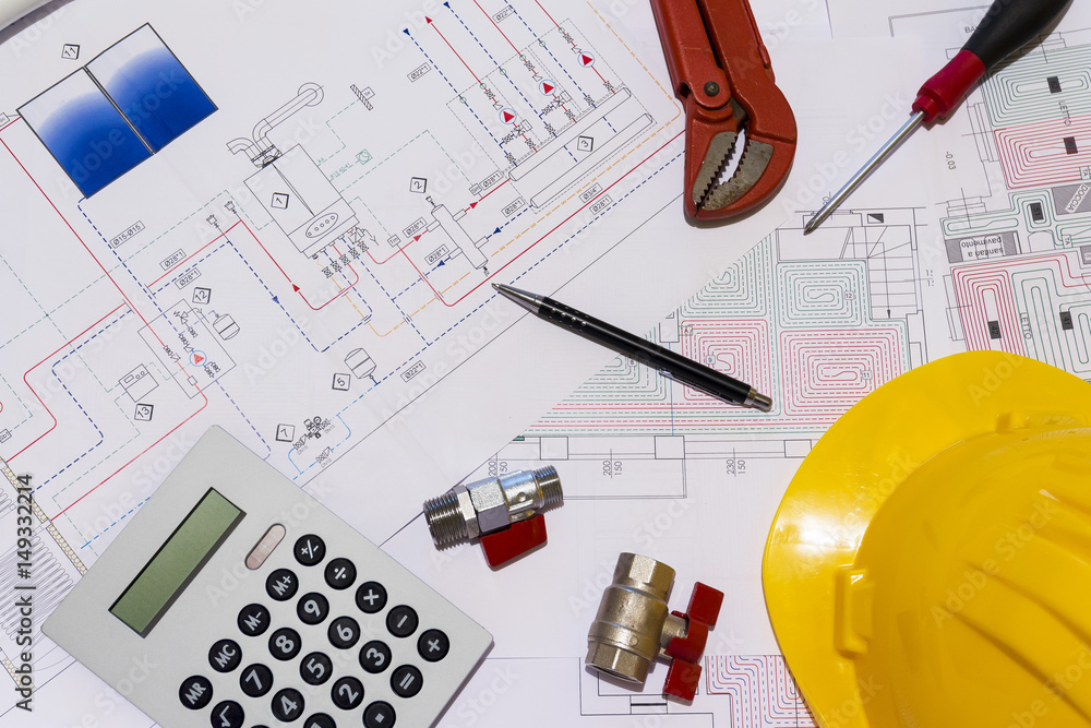 Office desk with hydraulic fittings, helmet and radiant floor design ...