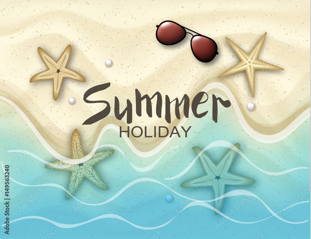 Hello summer. Background with starfish and sunglasses on the sand.Ocean ...