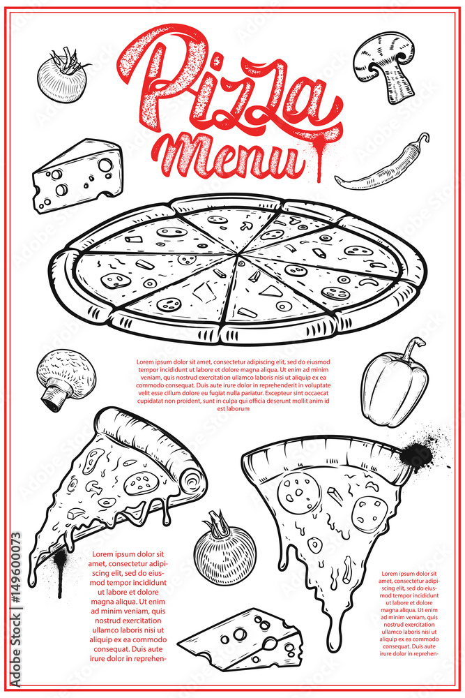 Pizza menu cover layout. Menu chalkboard with hand drawn illustrations ...