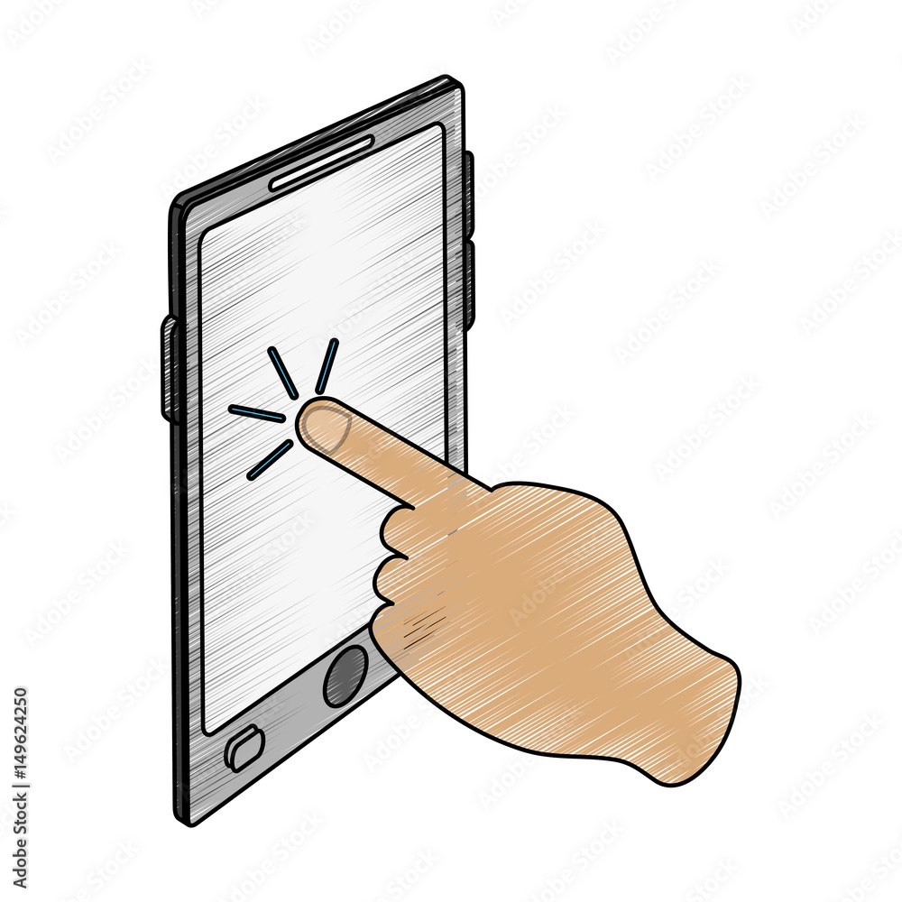 color pencil image cartoon finger touching a tablet screen vector ...