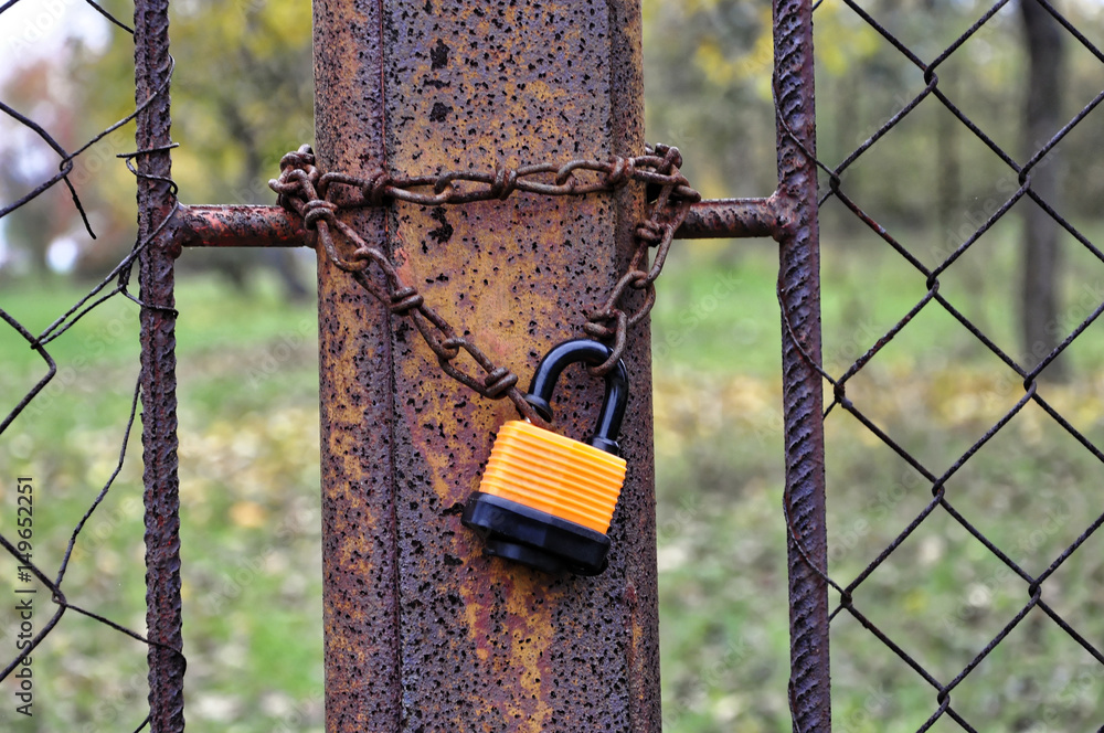 Iron gate is locked using chain and lock Stock Photo | Adobe Stock