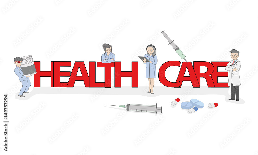 Sketch of working little people with big word "health care". Doodle ...