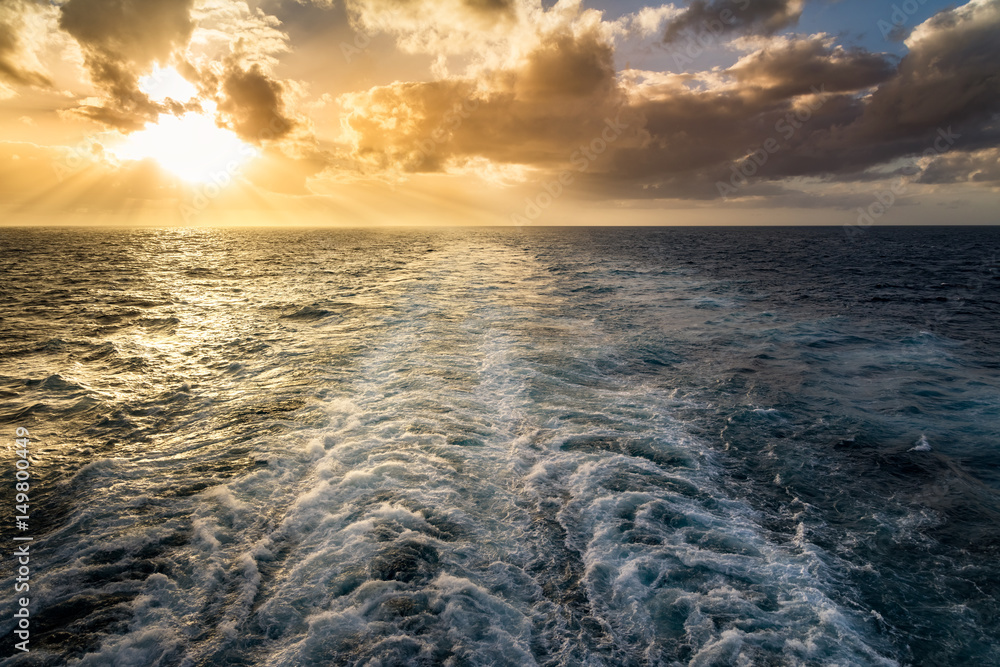 Ocean behind cruise ship, wake on water surface after vessel, trail on ...
