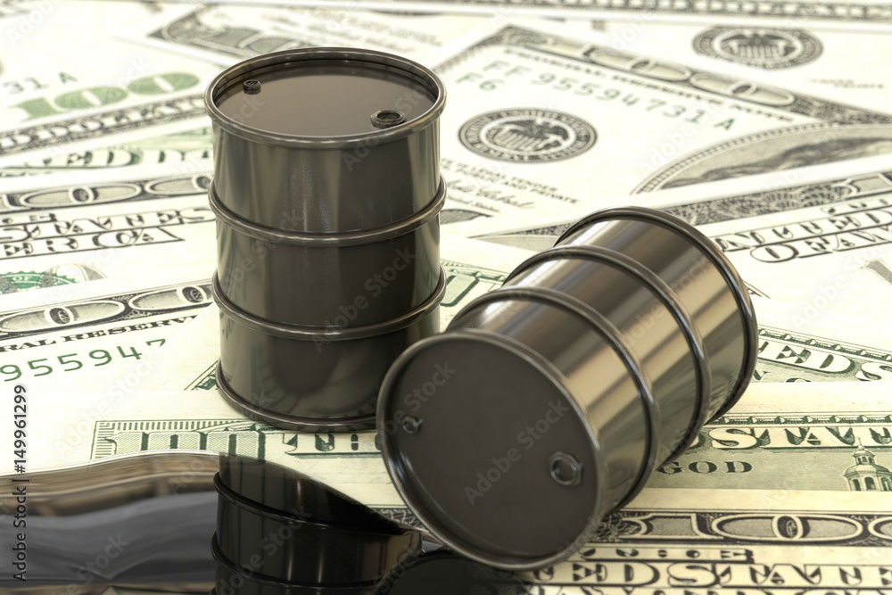 3d illustration: Black barrels of oil lie on the background of dollar ...